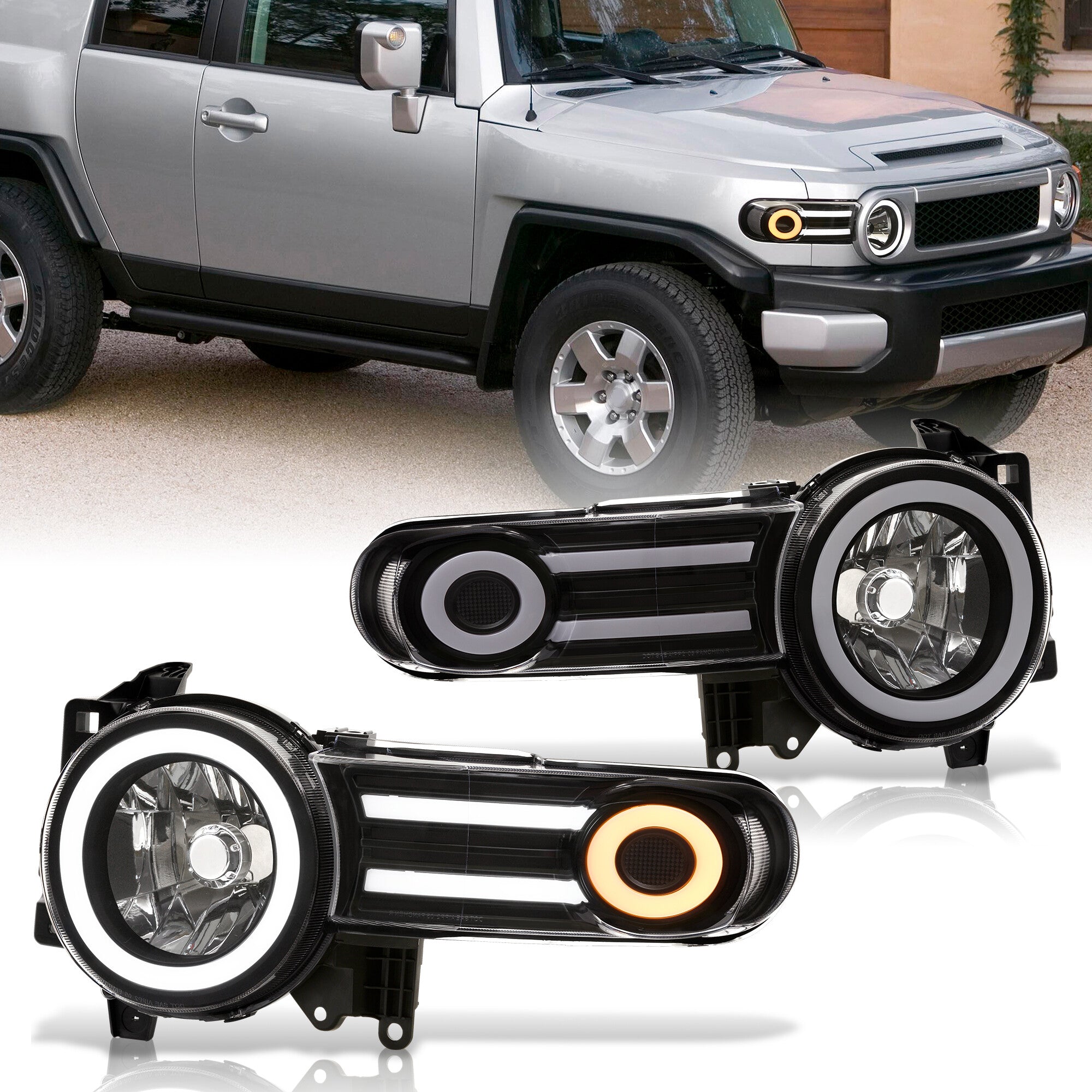 Toyota FJ Cruiser 2007-2014 LED DRL Bar Projector Headlights Black Hou ...