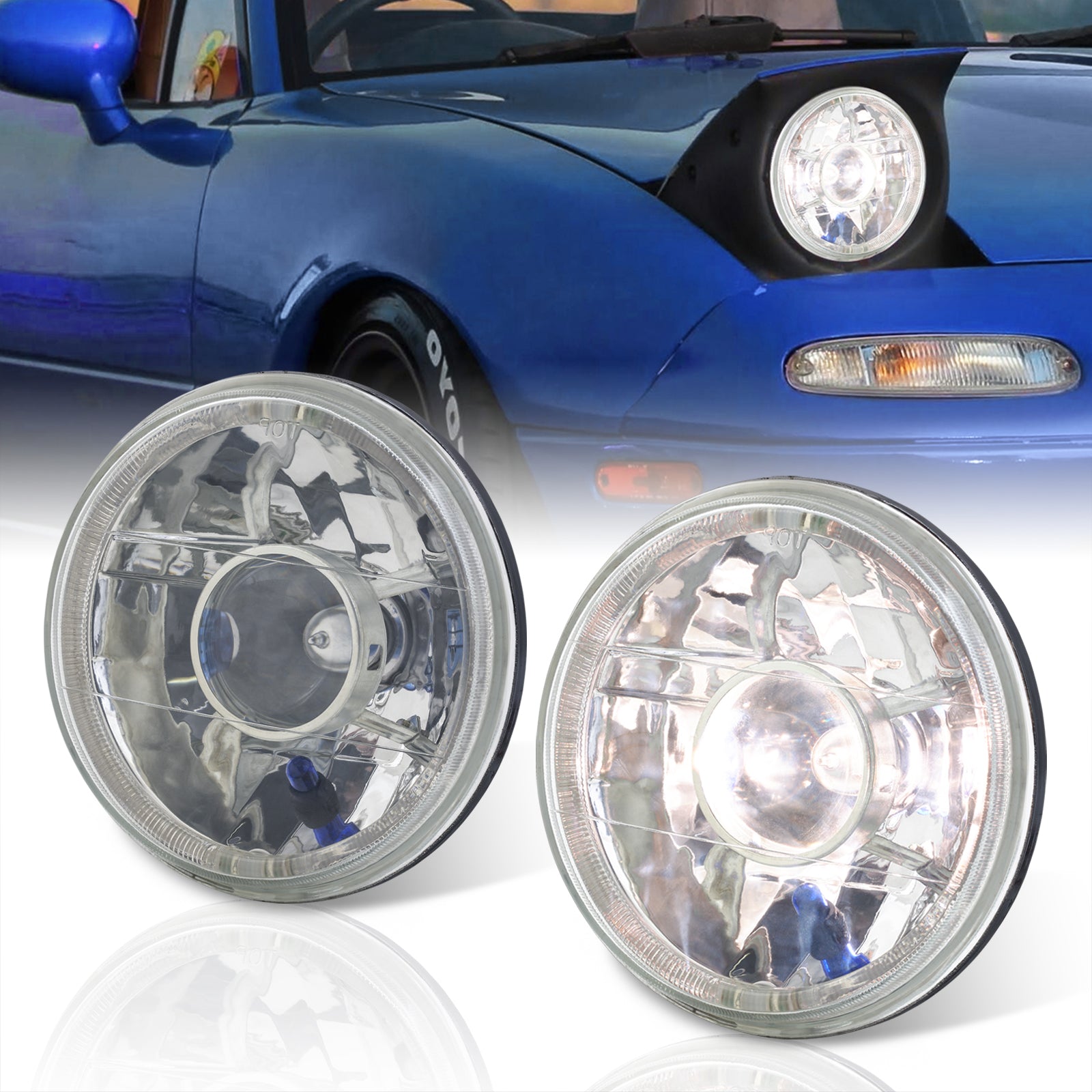 Universal 7" Round Diamond Cut Halo Projector Headlights Chrome Housin ...